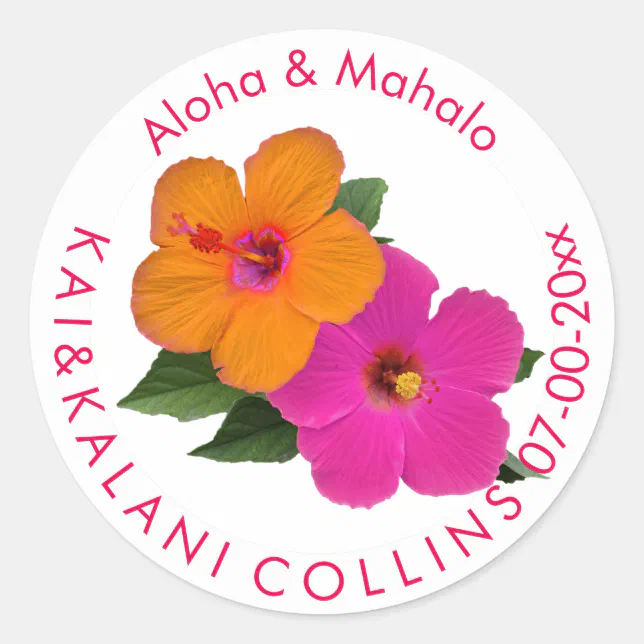 PixDezines Orange/Pink Hibiscus/Aloha/Mahalo Classic Round Sticker | Zazzle
