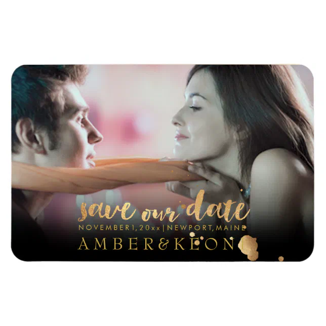 PixDezines photo save our date/gold brush script Magnet | Zazzle