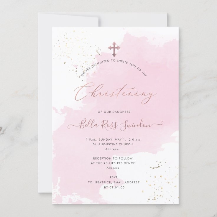 PixDezines Pink Watercolor Swatch Christening Invitation | Zazzle