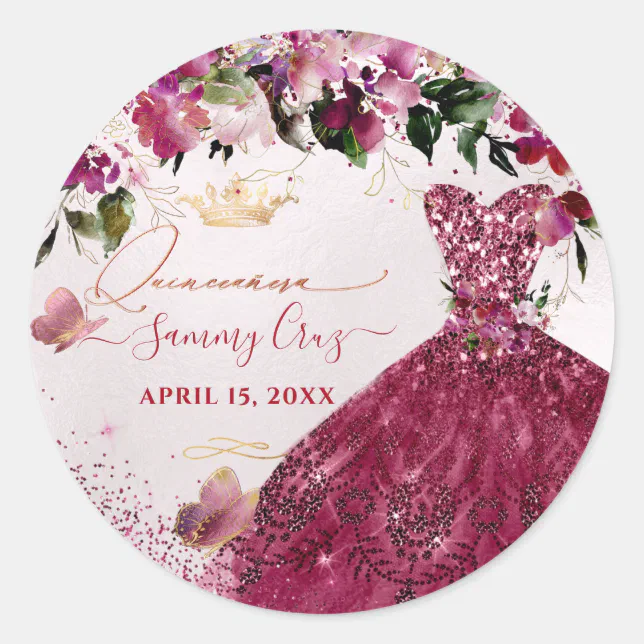 PixDezines Quinceanera Cherry Red Glitter Dress Classic Round Sticker ...