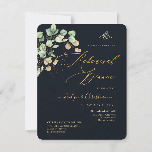 PixDezines Rustic Dollar Eucalyptus Navy n Gold Invitation | Zazzle