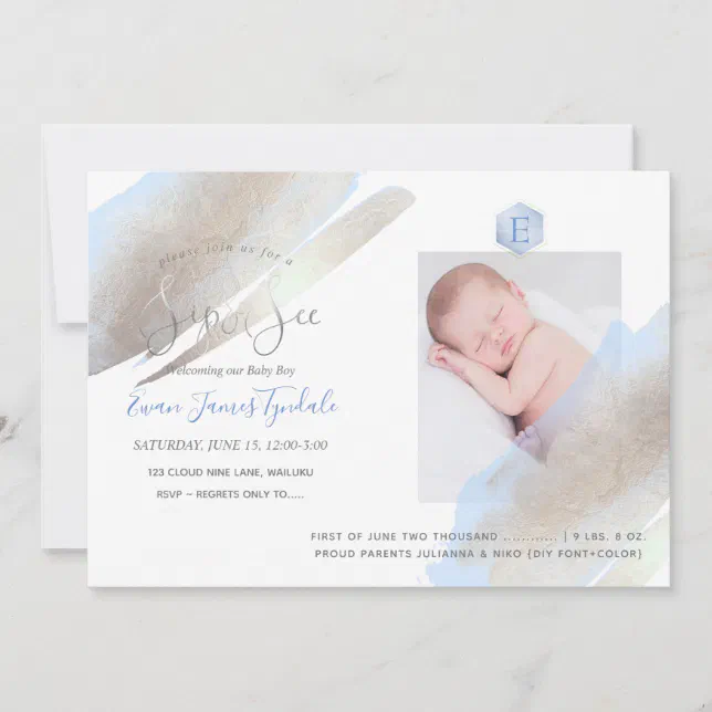 PixDezines SIP+SEE, MONOGRAM, PLATINUM+BLUE Announcement | Zazzle