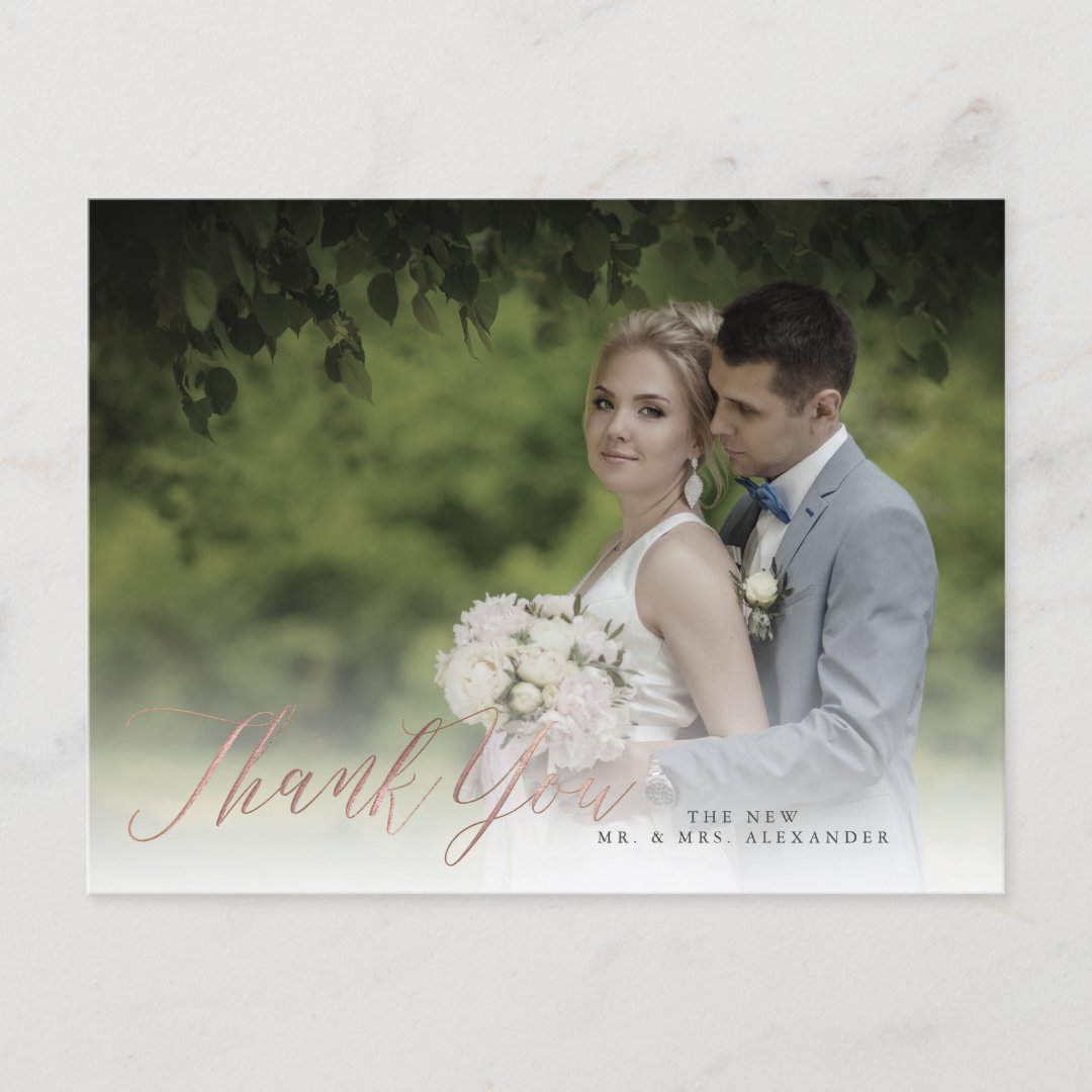 PixDezines Thank You/Faux Rose Gold Calligraphy Postcard | Zazzle