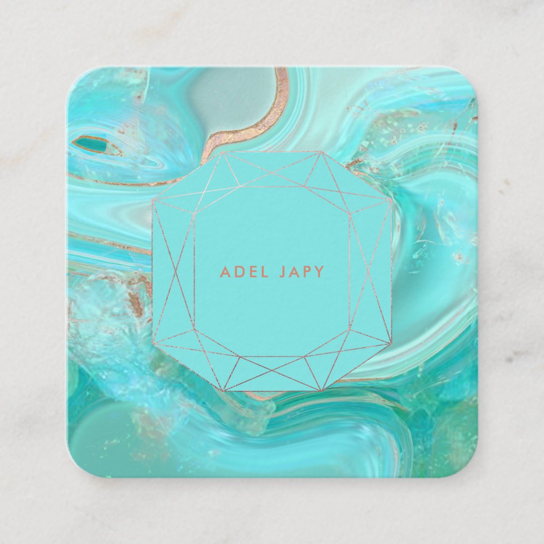 PixDezines Turquoise Rose Gold Emerald Cut Frame Square Business Card ...