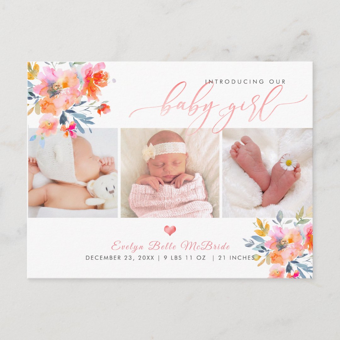 PixDezines Watercolor flowers, Girl Birth Postcard | Zazzle