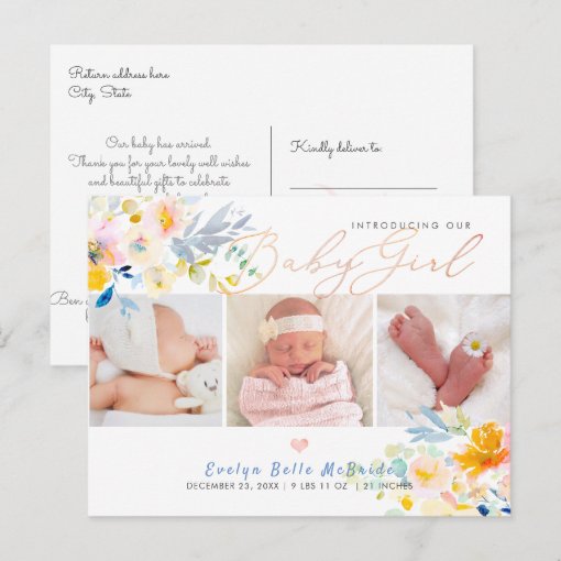 PixDezines Watercolor flowers, Girl Birth Postcard | Zazzle