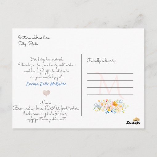 PixDezines Watercolor flowers, Girl Birth Postcard | Zazzle