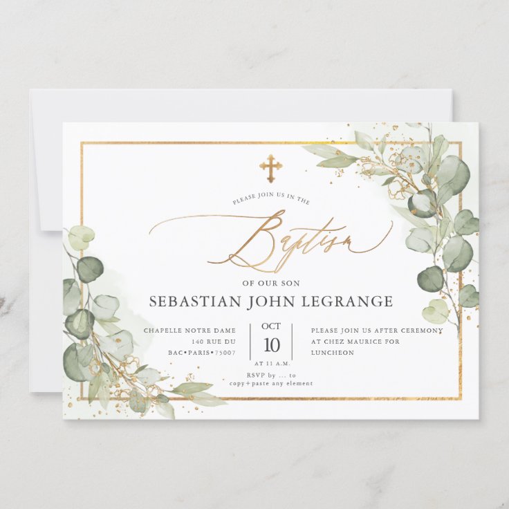 PixDezines Watercolor Gum Eucalyptus Baptism Invit Invitation | Zazzle