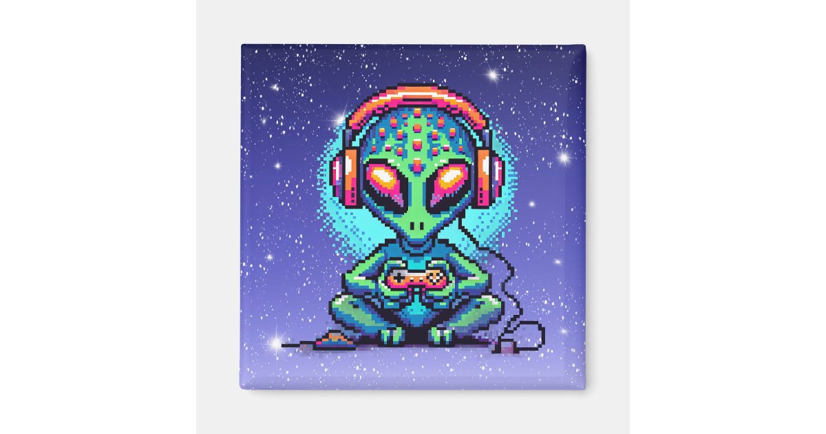Pixel Art Alien Playing Video Games Magnet | Zazzle
