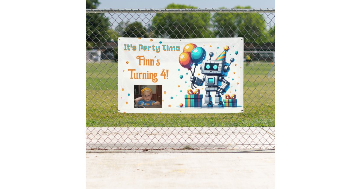 Pixel Art Robot Boy's Birthday Party Banner | Zazzle