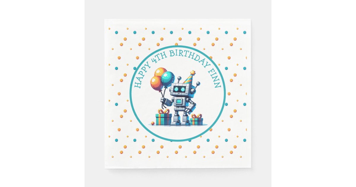 Pixel Art Robot in Orange and Teal Birthday Napkins | Zazzle