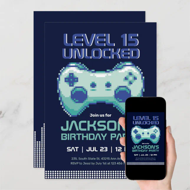 Pixel Gaming Gamer Boy Video Games Player Birthday Invitation | Zazzle