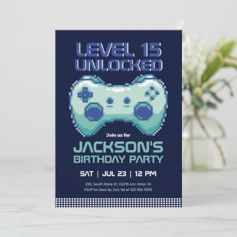 Pixel Gaming Gamer Boy Video Games Player Birthday Invitation | Zazzle