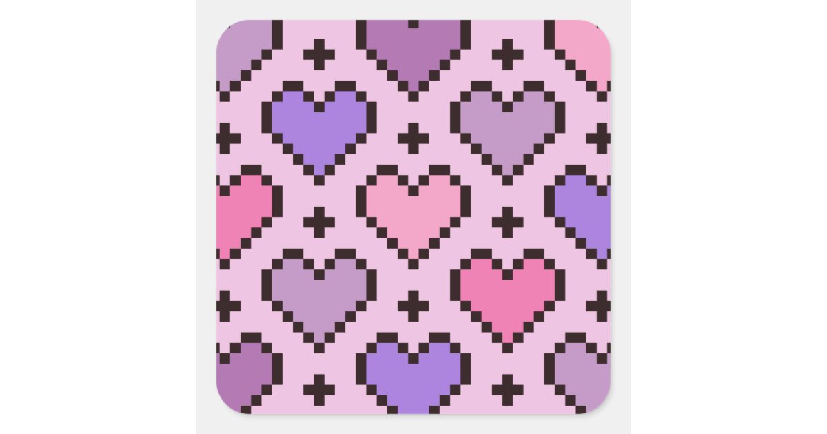 Pixel heart pattern pink and purple square sticker | Zazzle