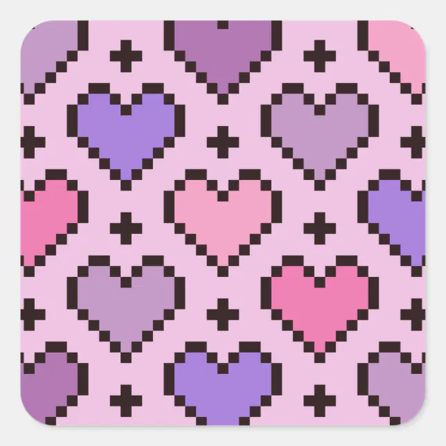 Pixel heart pattern pink and purple square sticker | Zazzle