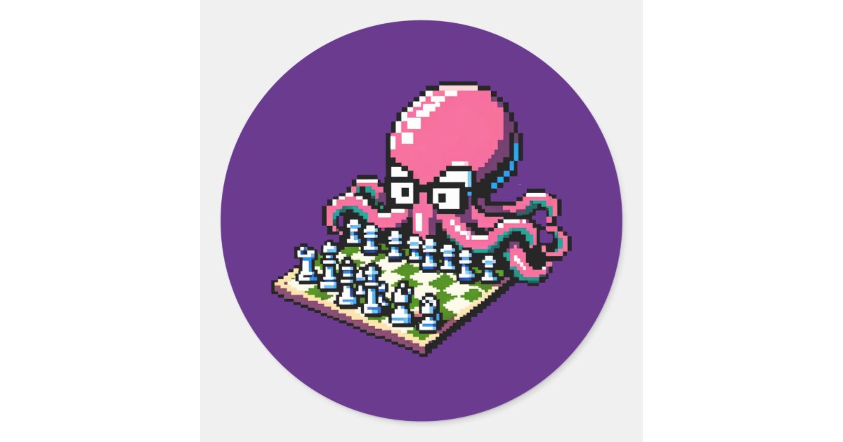 Pixel Octopus Chess Retro Strategy Board Game Art Classic Round Sticker ...