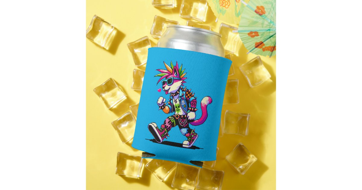 Pixel Punk Cat - 8-Bit Heart & Retro Style Can Cooler | Zazzle