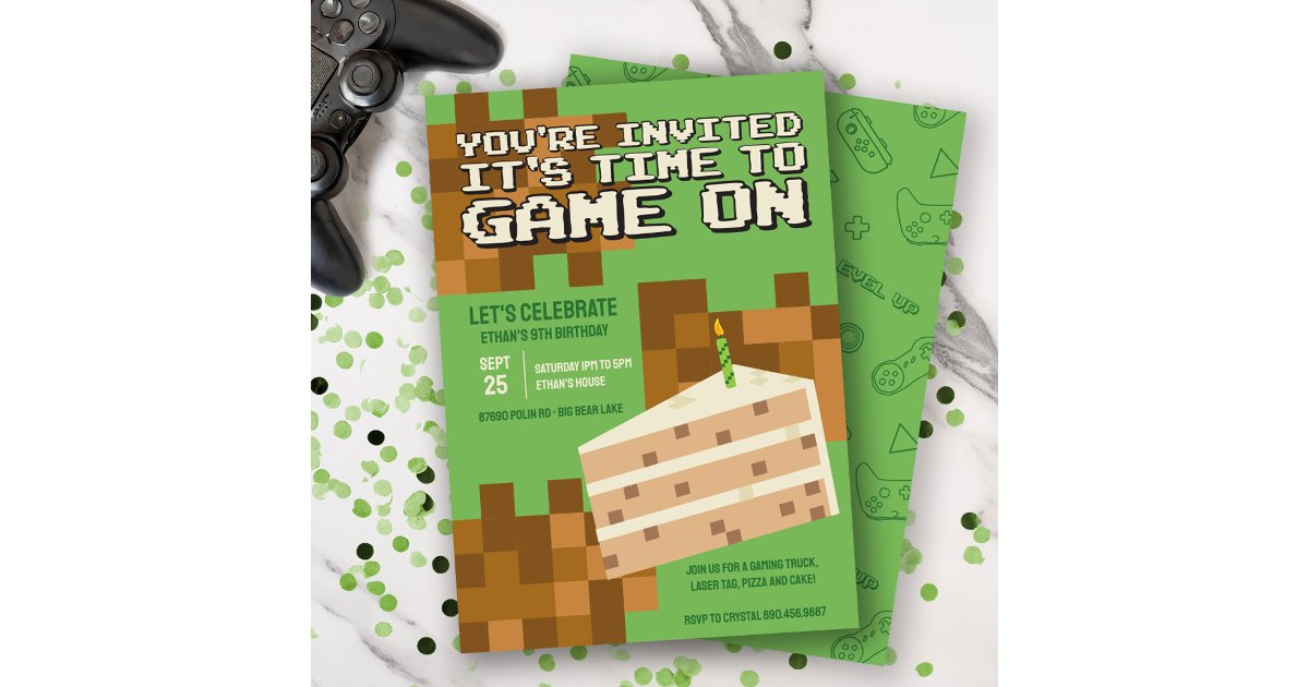 Pixelated Gamer Cake Kids Birthday Invitation | Zazzle