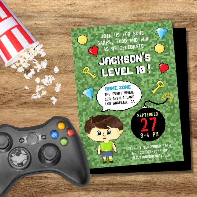 Pixels Arcade Game Level Up Kids Birthday Invitation | Zazzle