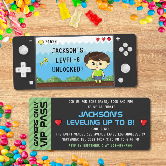 Pixels Arcade Video Game Controller Kids Birthday Invitation | Zazzle