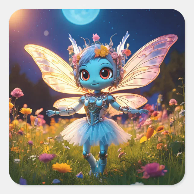 Pixie Robot Ballerina Dancing in the Wildflowers Square Sticker | Zazzle