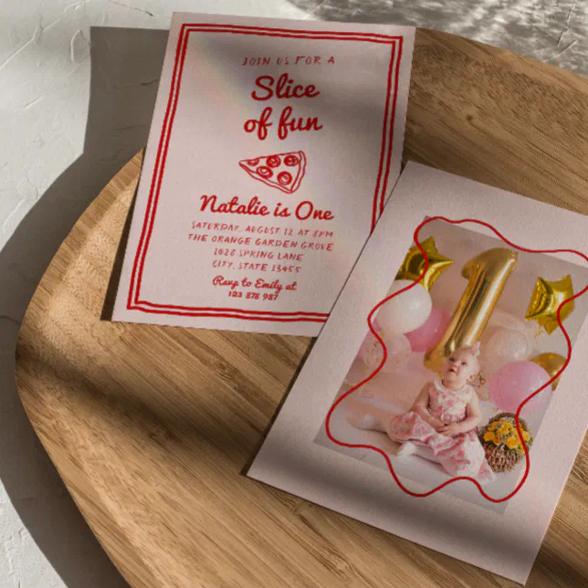 Pizza 1st Hand Drawn Slice Of Fun Photo Birthday Invitation | Zazzle