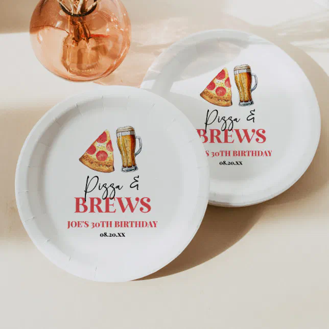 Pizza and Brews Beer Glass Birthday Party Paper Plates | Zazzle