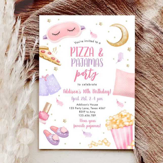 Pizza and Pajamas Sleepover Slumber Party Birthday Invitation | Zazzle