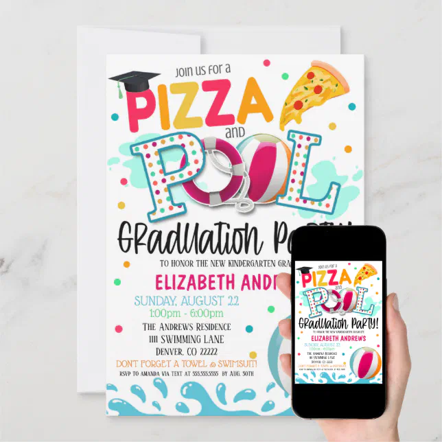 Pizza and Pool Party Graduation Invitation | Zazzle