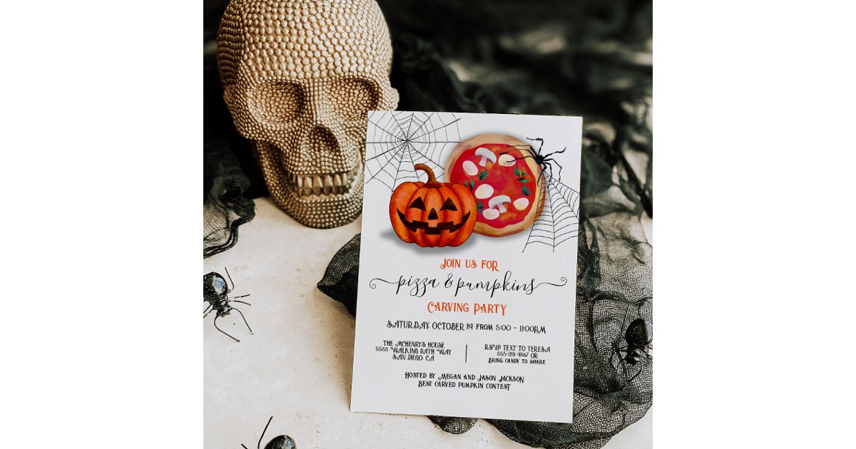 Pizza and Pumpkins Carving Halloween Party Invitation | Zazzle
