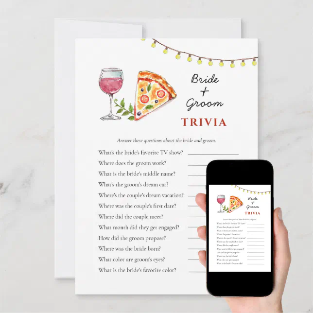 Pizza and Wine Bridal Shower Trivia games Invitation | Zazzle