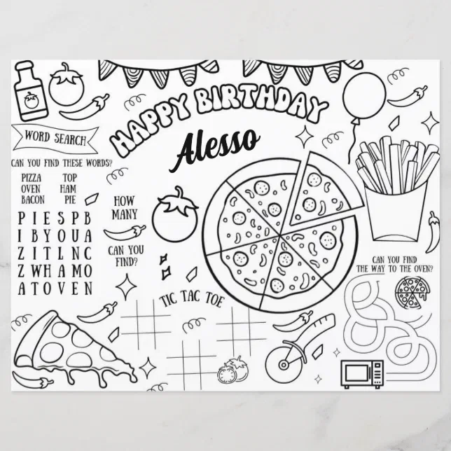 Pizza Birthday Party Coloring Page Placemat | Zazzle