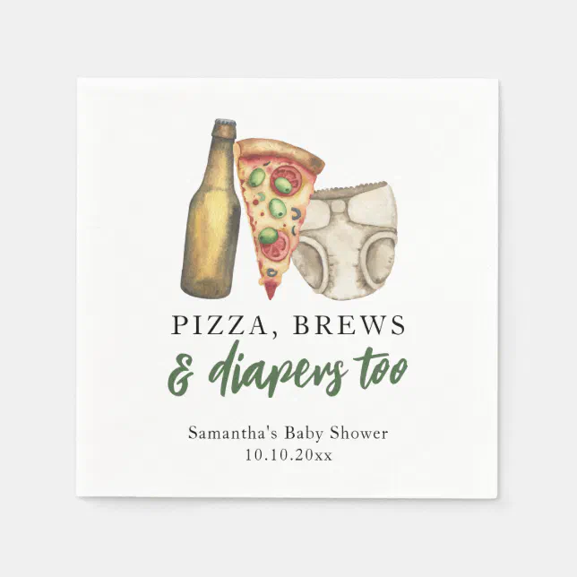 Pizza, Brews and Diapers too Baby shower Napkins | Zazzle