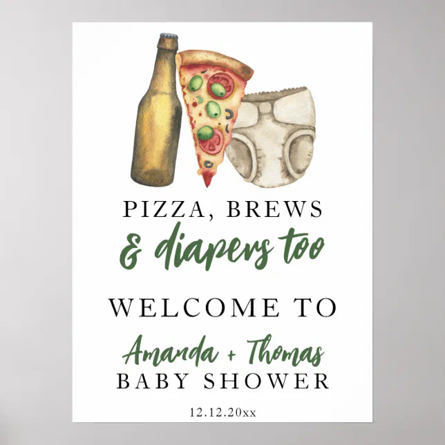 Pizza, Brews and Diapers too Baby shower Poster | Zazzle
