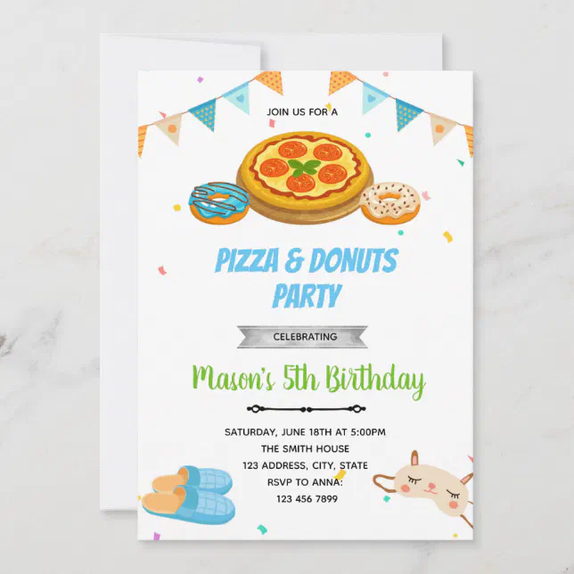 Pizza donuts boy sleepover invitation | Zazzle