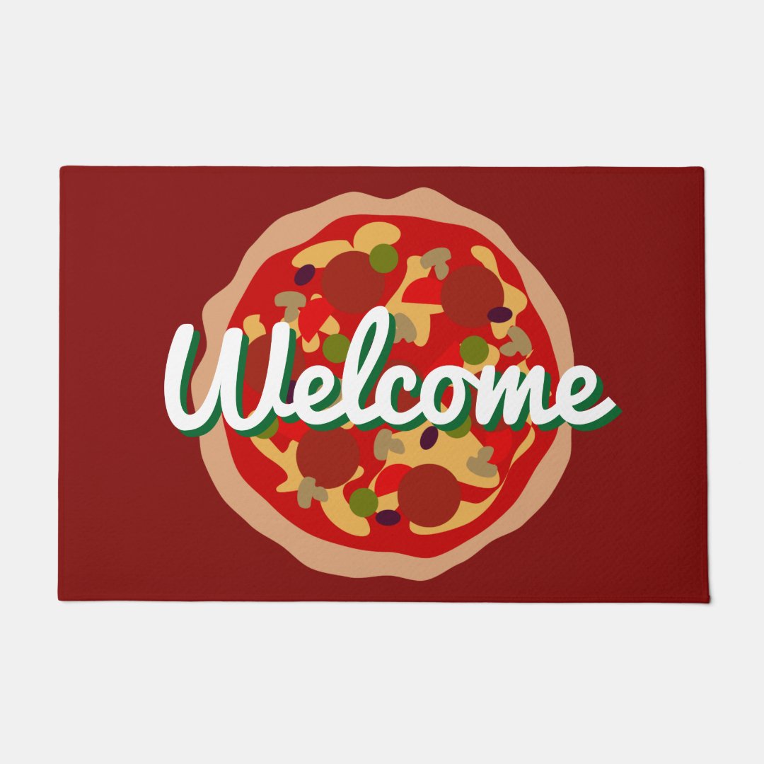 Pizza door mat (large) with custom welcome text | Zazzle