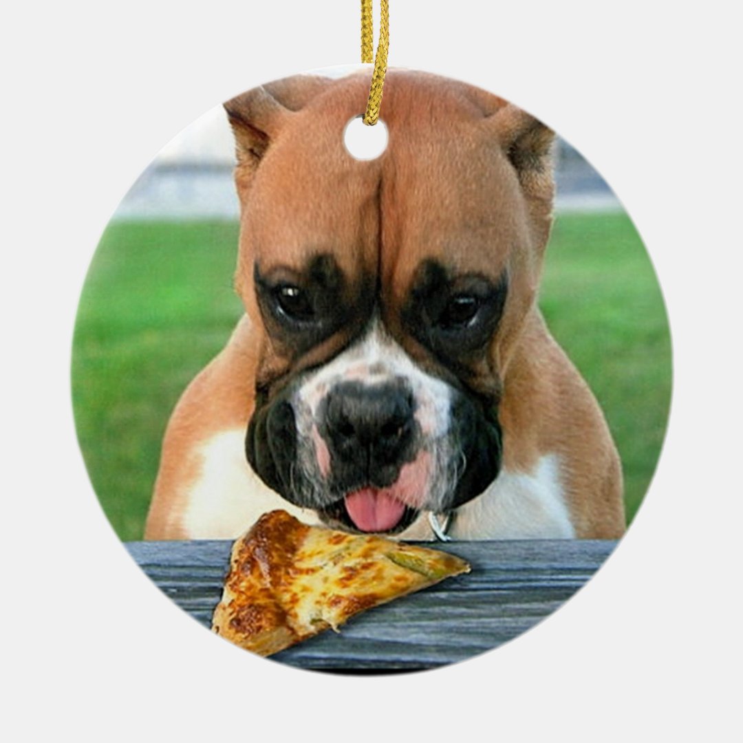 Pizza eating boxer dog ornament | Zazzle