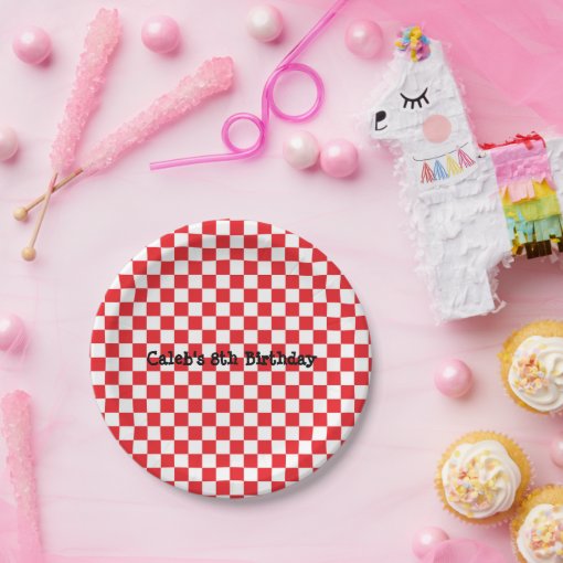 Pizza Party Red White Check Birthday Party Plates | Zazzle