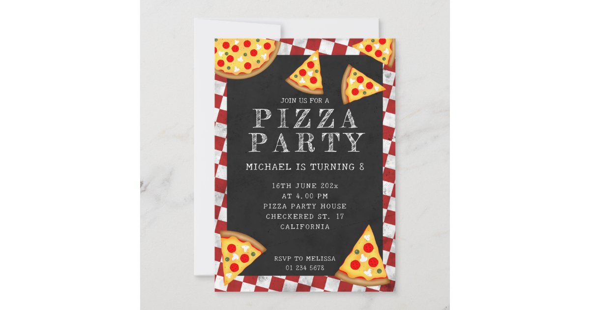 Pizza party slices kids birthday checkered retro invitation | Zazzle