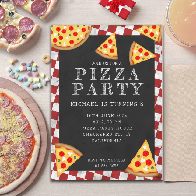 Pizza party slices kids birthday checkered retro invitation | Zazzle