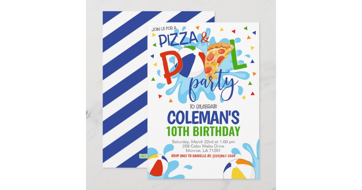 Pizza & Pool Party Birthday Invitation | Zazzle