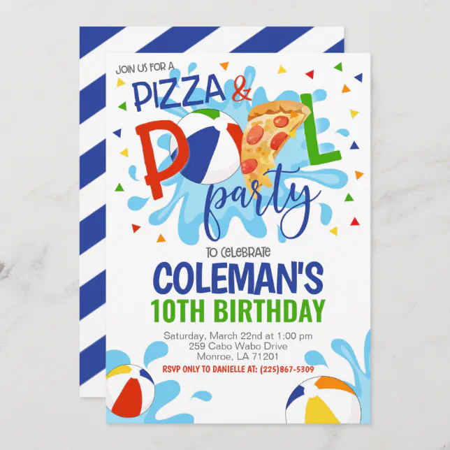 Pizza & Pool Party Birthday Invitation | Zazzle