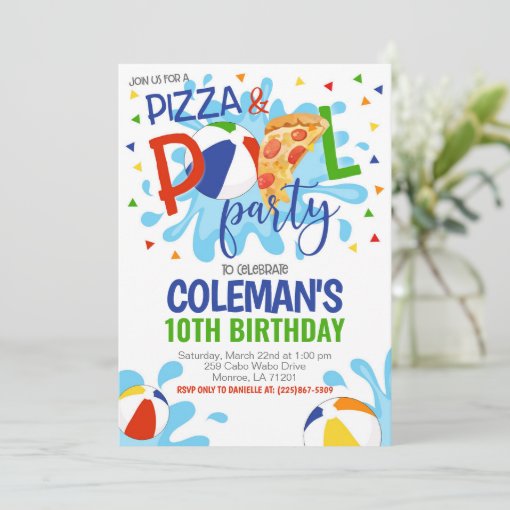 Pizza & Pool Party Birthday Invitation | Zazzle