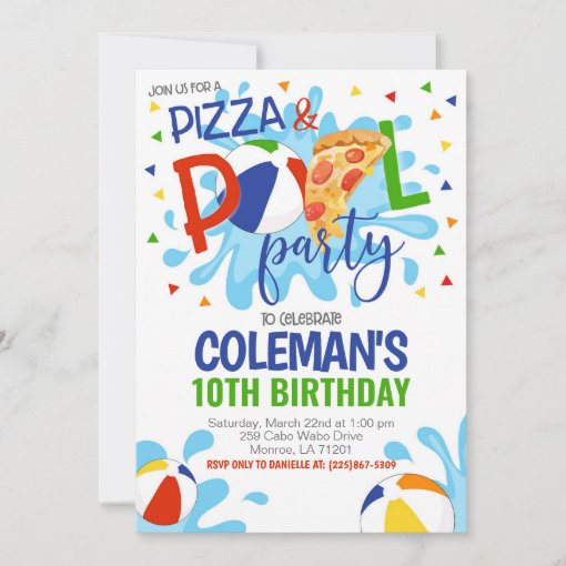 Pizza & Pool Party Birthday Invitation | Zazzle