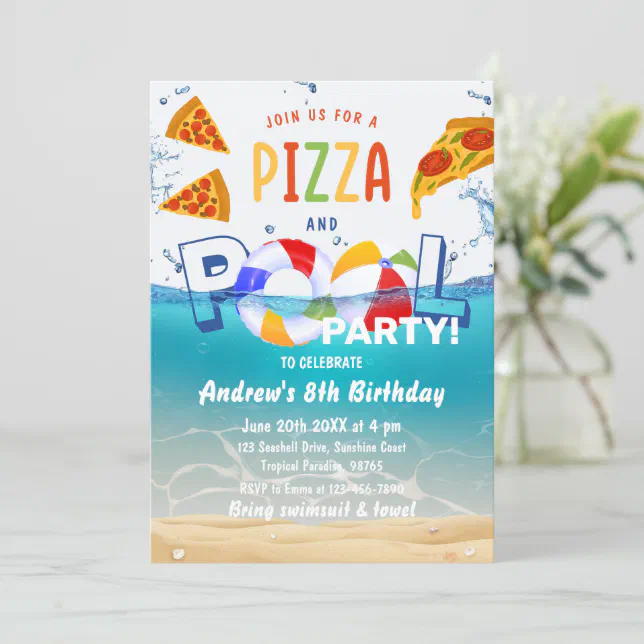 Pizza & Pool Party Summer Water Birthday Invitation | Zazzle