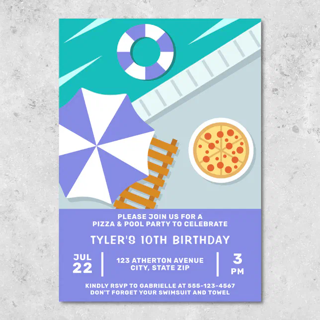 Pizza Pool Party Swimming Pool Blue Modern Invitation | Zazzle