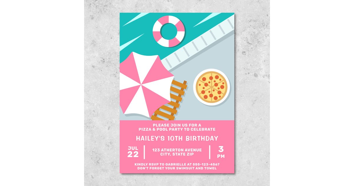 Pizza Pool Party Swimming Pool Pink Modern Invitation | Zazzle