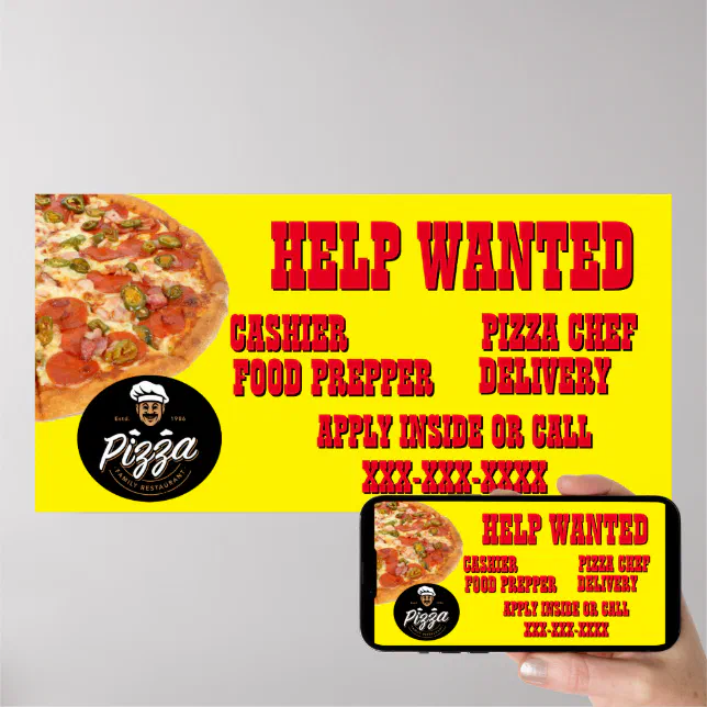 Pizza Restaurant Customize Help Wanted Shop Logo Poster | Zazzle