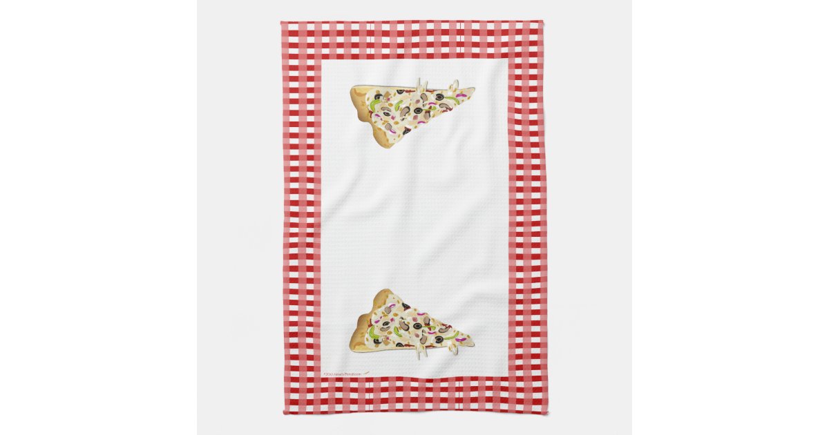Pizza Slice Red Checks Border Tea Towel Dish Towel | Zazzle