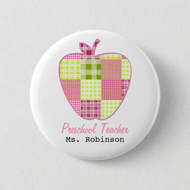 Plaid Apple Preschool Teacher Button | Zazzle